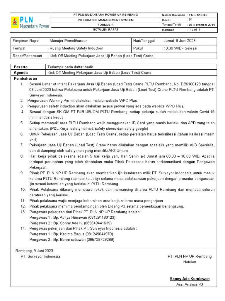 Rapat Kick Off Uji Beban Crane | PDF