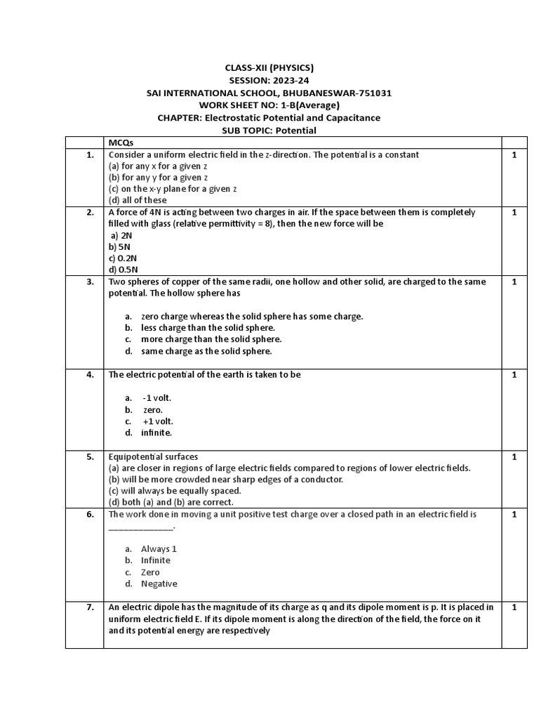 12 Physics Work Sheet 1 B CH 2 | PDF | Teaching Methods & Materials | Science & Mathematics