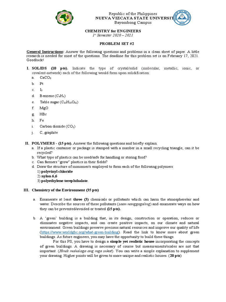 CHEMISTRY For ENGINEERS - PROB SET 2 | Download Free PDF | Plastic ...