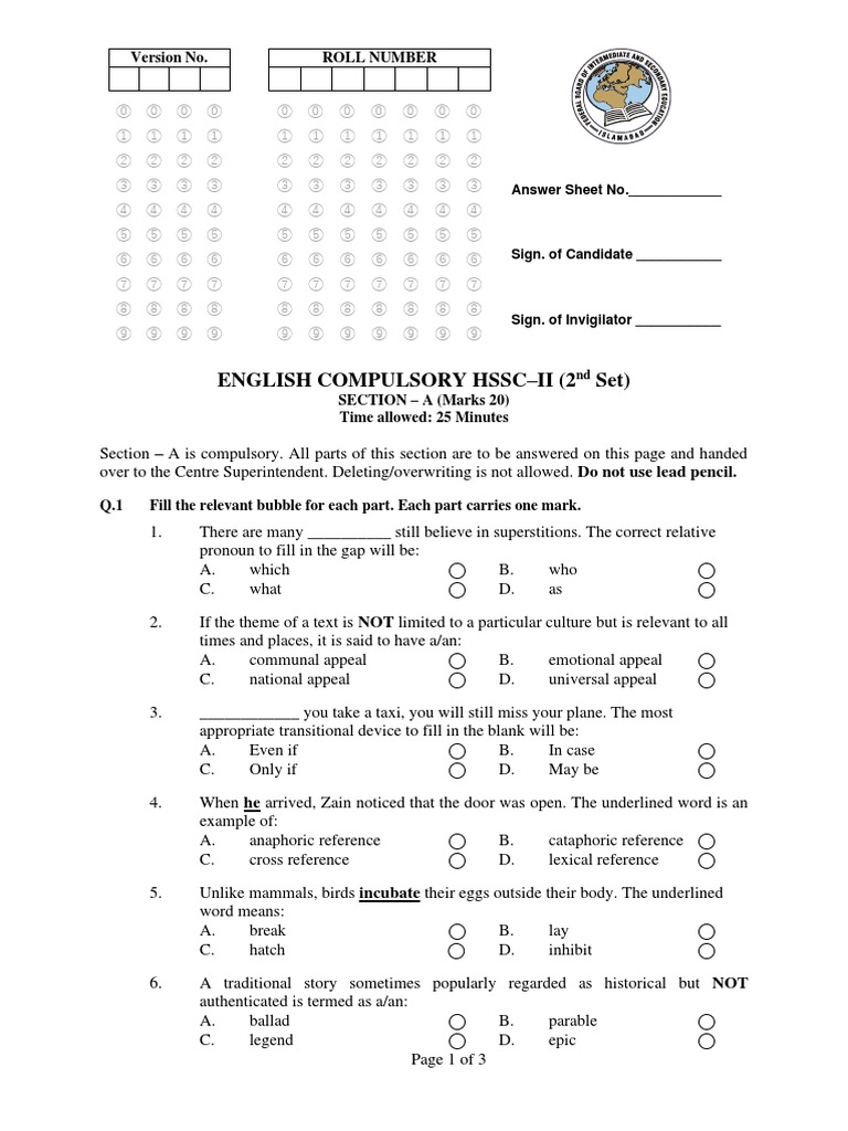 English HSSC-II (2nd Set) | PDF | Verb | Cognitive Science
