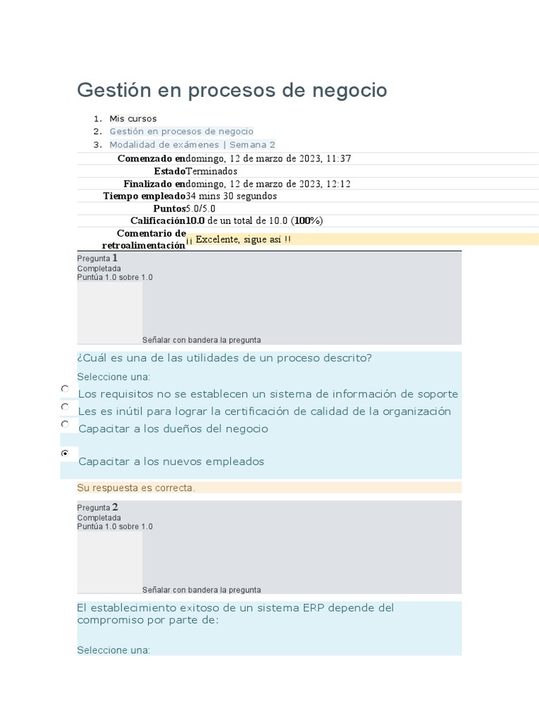 Examen Semana 2 Gestión en Procesos de Negocio | PDF