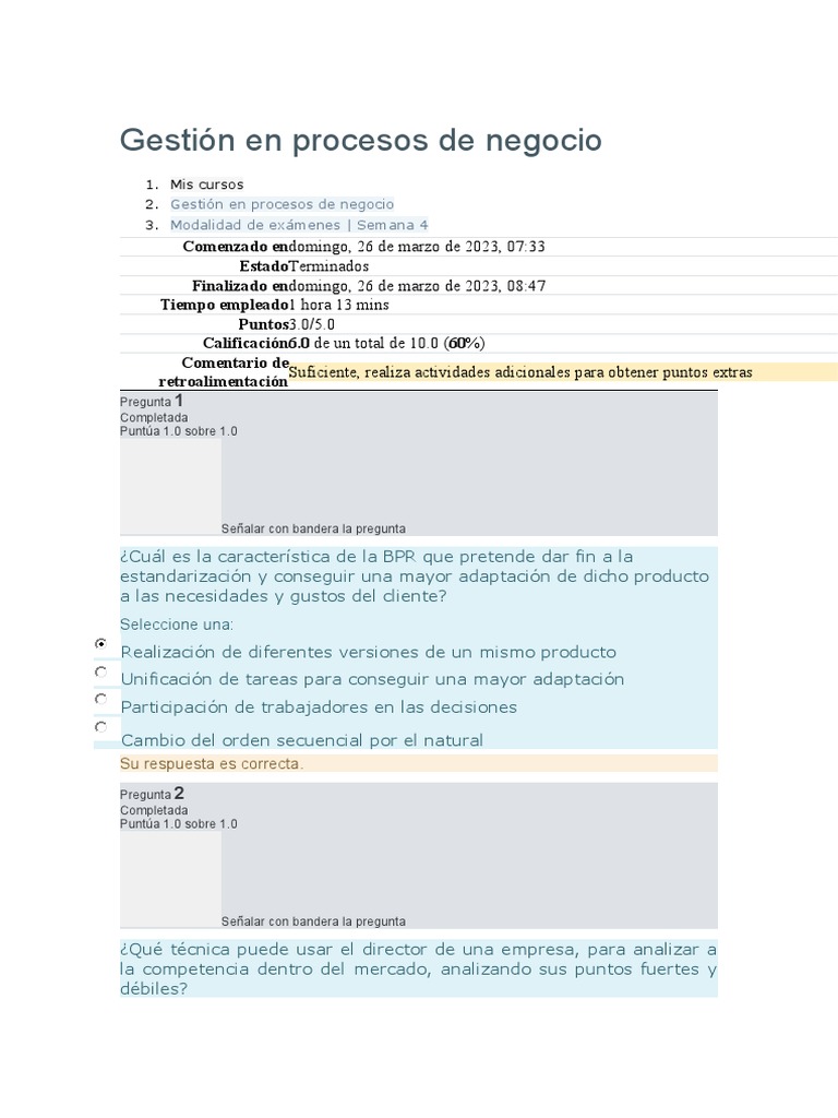 Examen Semana 4 Gestión en Procesos de Negocio | PDF