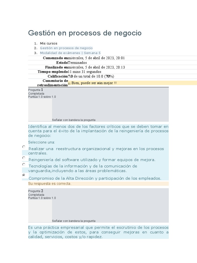 Exmen Semana 5 Gestión en Procesos de Negocio | PDF | Informática | Economias
