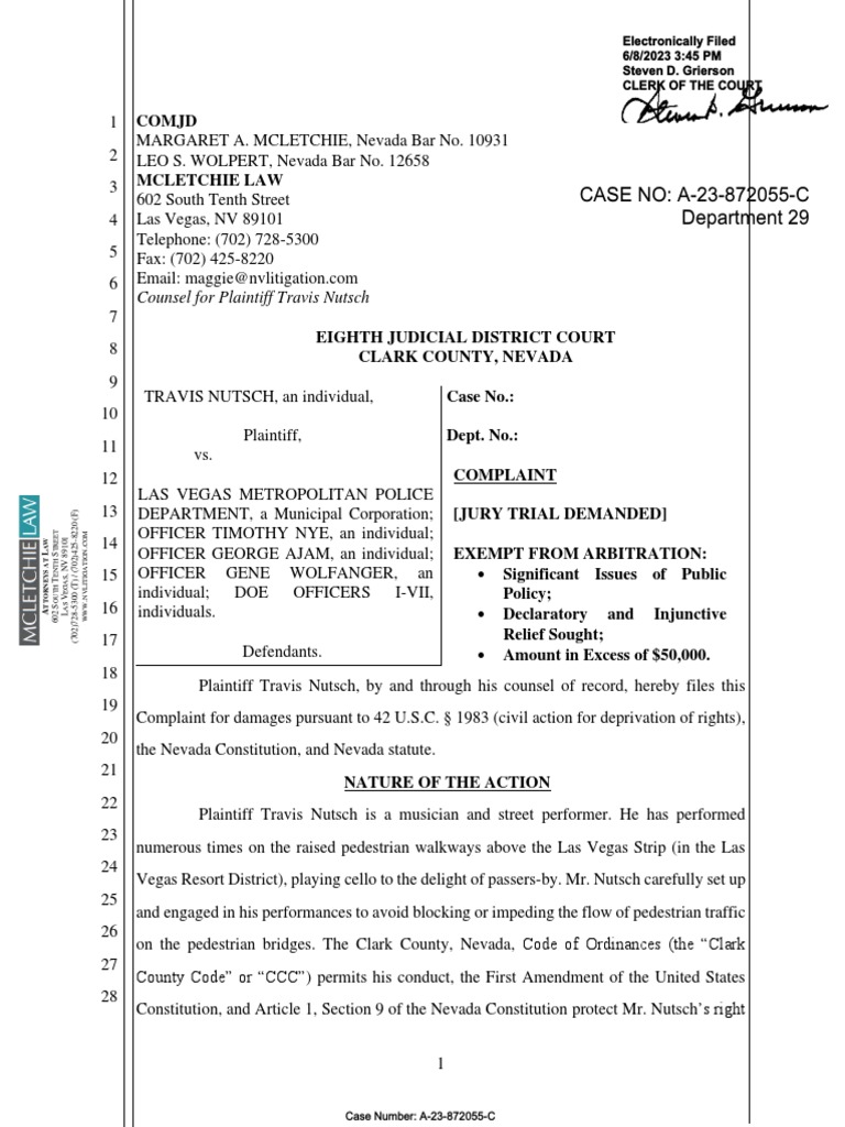 Travis Nutsch V LVMPD (2023) | PDF | Lawsuit | First Amendment To The ...