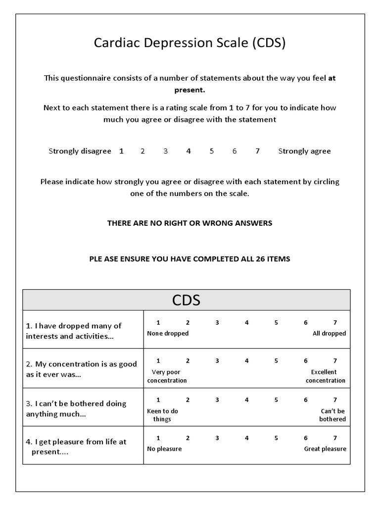 Cardiac Depression Scale Questionnaire | PDF | Psychology