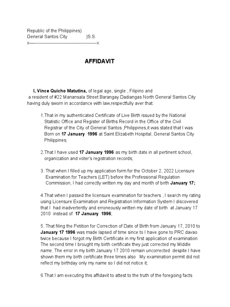 2affidavit For Correction PRC | PDF | Affidavit | Birth Certificate