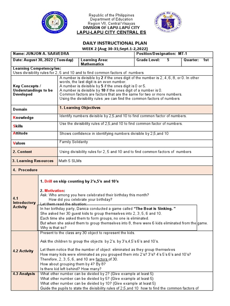 Math 5 Lesson Plan Q 1 Week 2 | PDF | Learning | Numbers