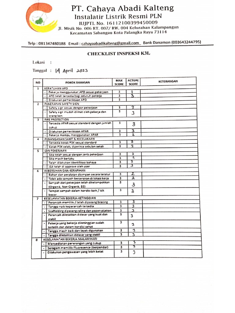 Ceklist Inspeksi K3L | PDF