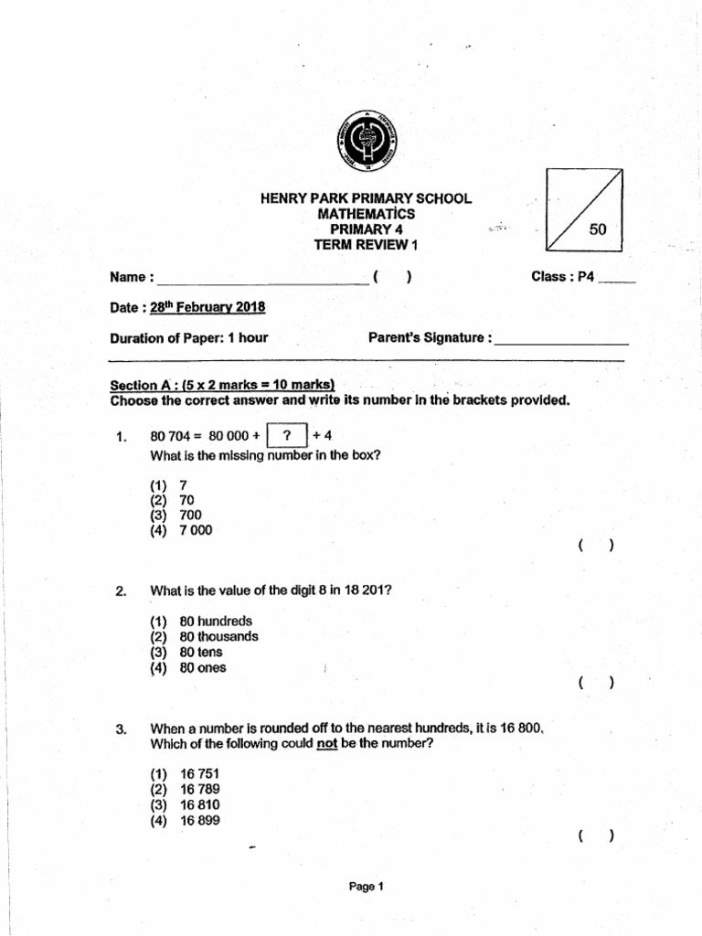 P4 Maths CA1 2018 Henry Park Exam Papers | PDF