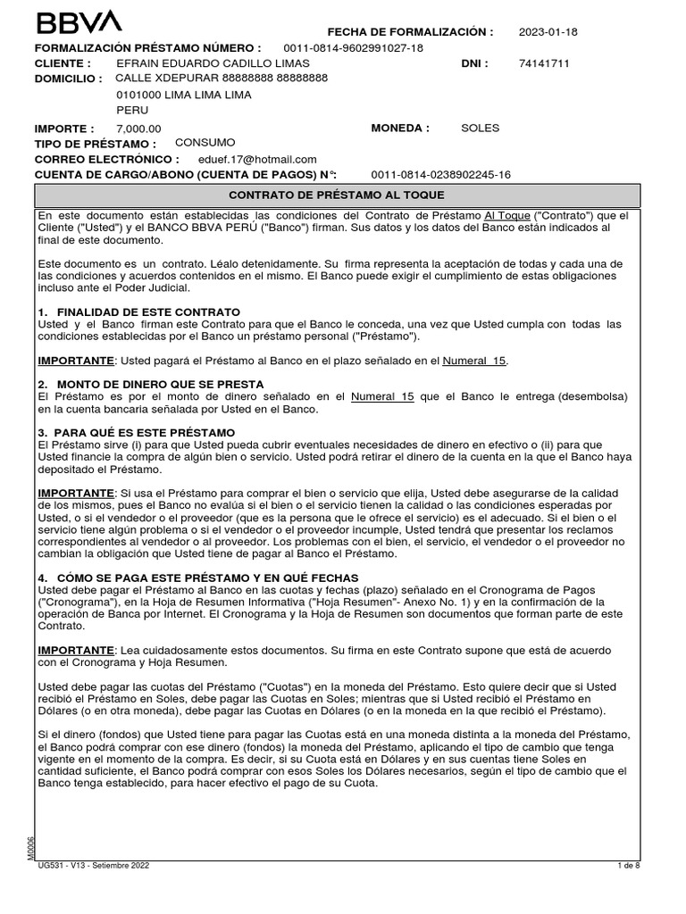 Contrato de Préstamo BBVA 2023 | PDF | Bancos | Seguro