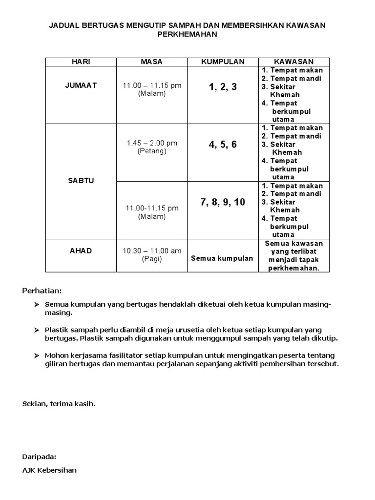 Jadual Bertugas Mengutip Sampah Dan Membersihkan Kawasan Perkhemahan | PDF