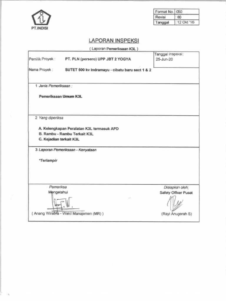 LAPORAN INSPEKSI K3 | PDF