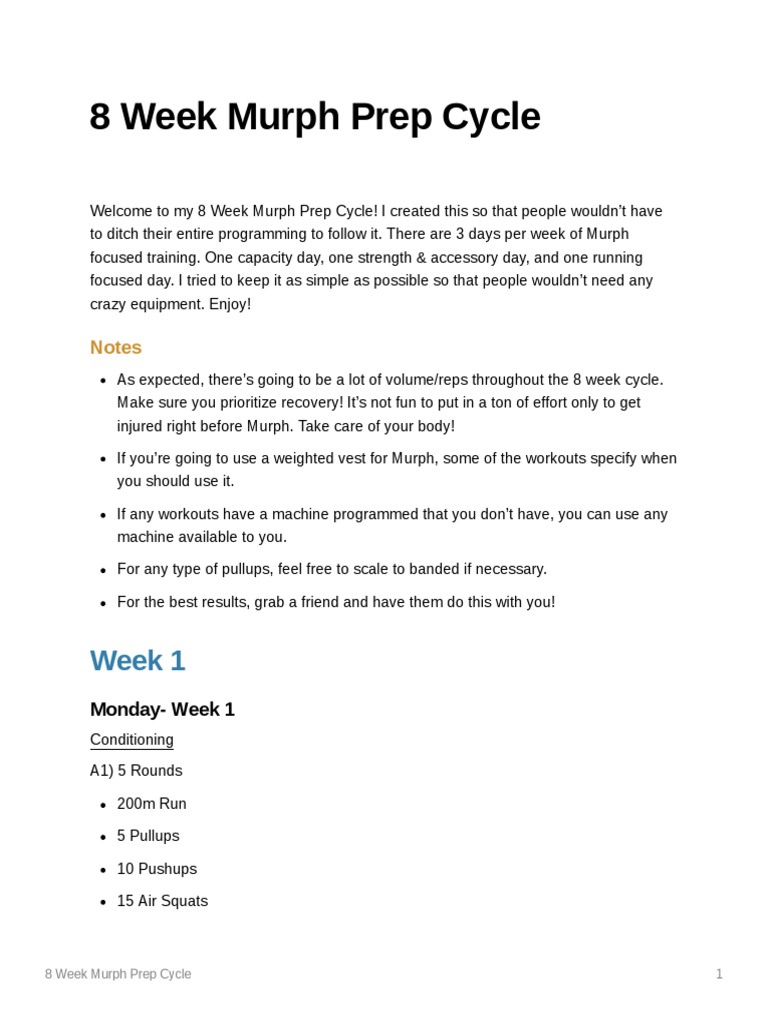 8 Week Murph Prep Cycle | PDF | Weight | Physical Fitness