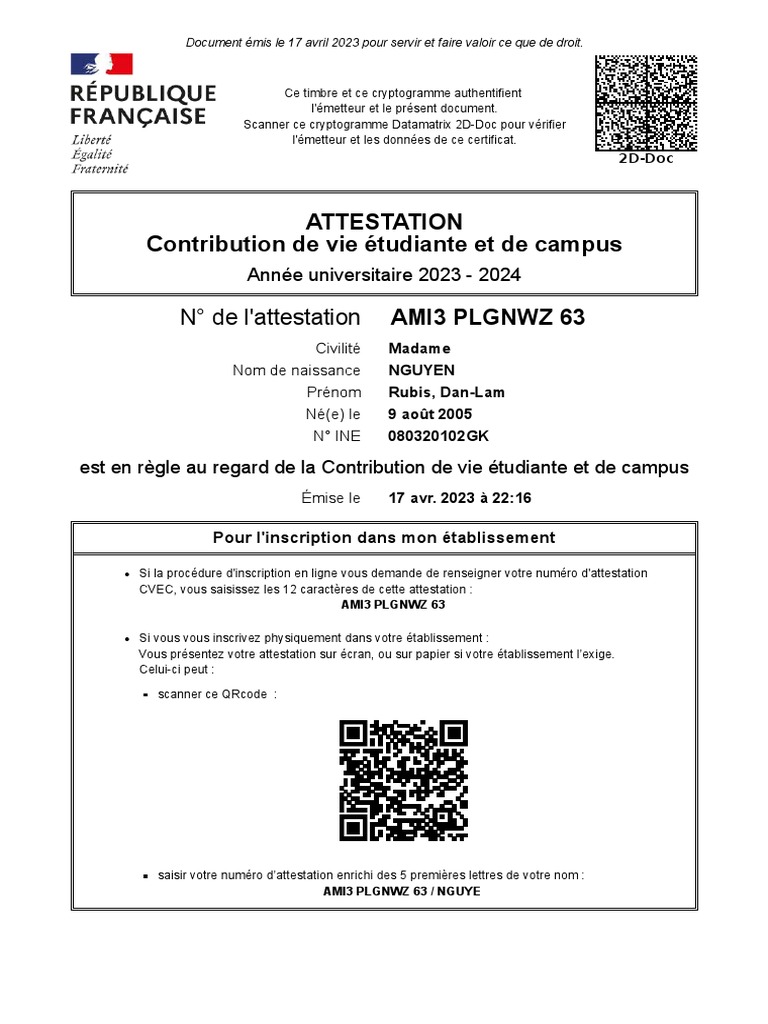 Attestation CVEC 2023-2024 | PDF