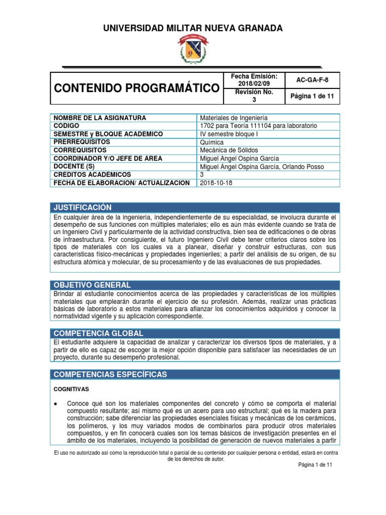 Contenido Programático Materiales de Ingenieria | Descargar gratis PDF | Hormigón | Cemento