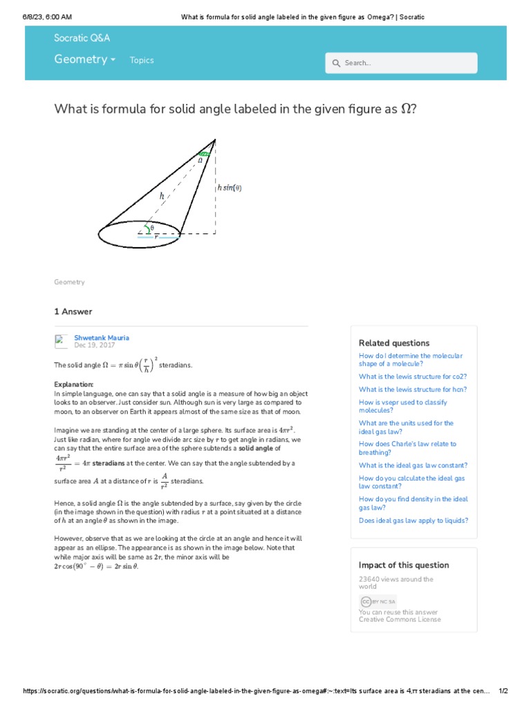 What Is Formula For Solid Angle Labeled in The Given Figure As Omega ...