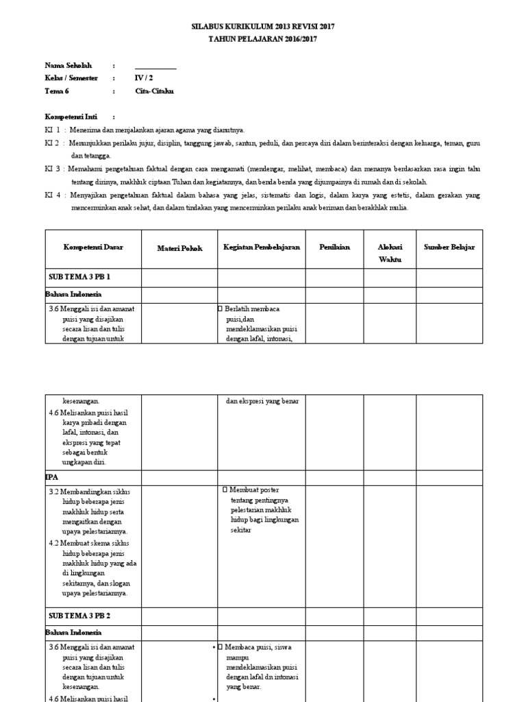 Silabus K13 Sub Tema 3 Praktek | PDF | Seni & Disiplin Bahasa | Kajian Bahasa Asing