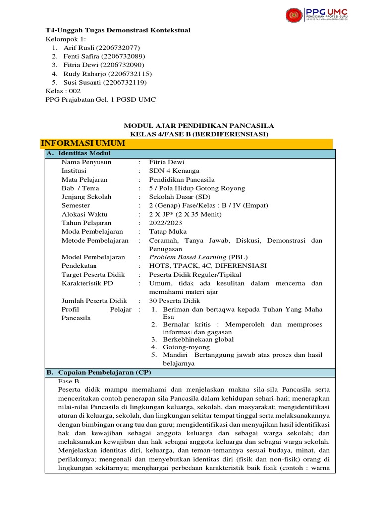 T4-RPP Berdiferensiasi_Unggah Tugas Demonstrasi Kontekstual_Kelompok 1_PPGUMC002 | PDF