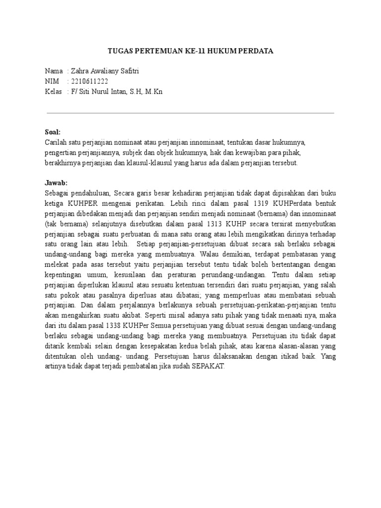 ZAHRA AWALIANY SAFITRI - 2210611222 - TUGAS Individu PERTEMUAN KE-11 HUKUM PERDATA | PDF