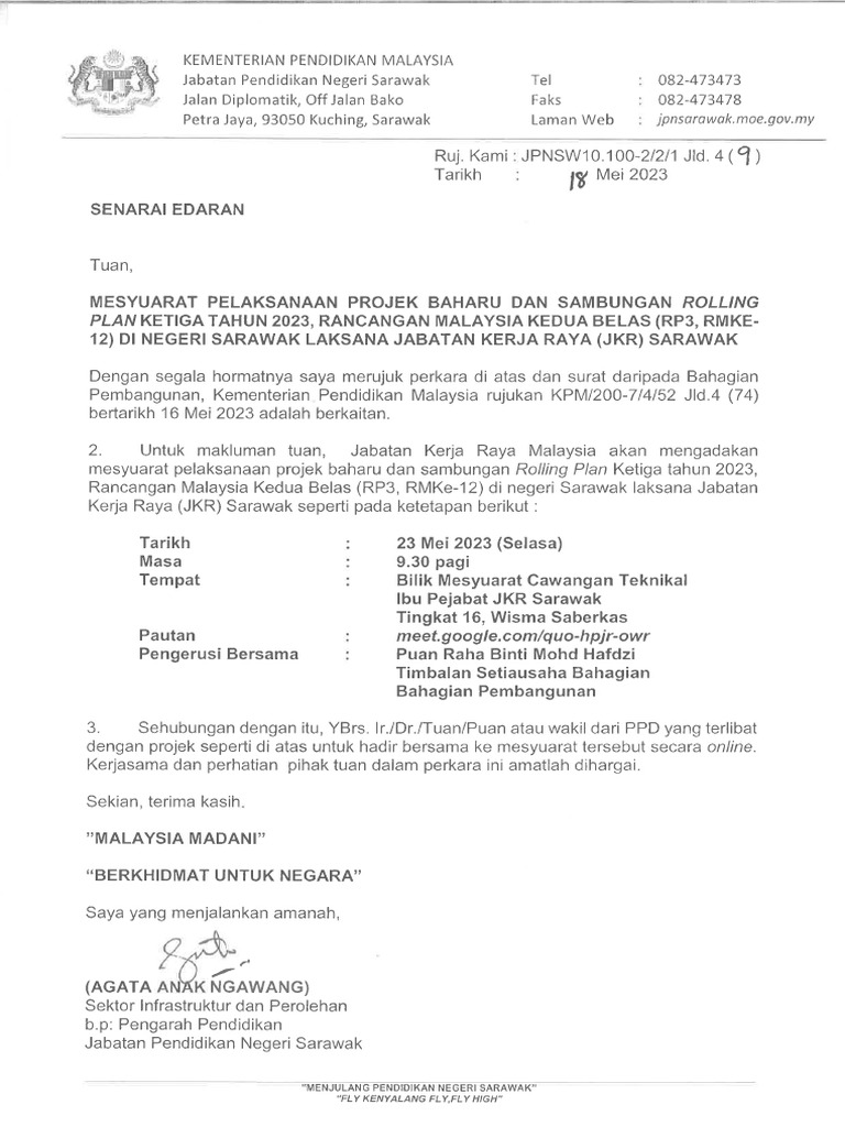 Surat Jemputan PPD Hadir Mesyuarat RMK12 RP3 (Baru Dan Sambungan) Dan ...