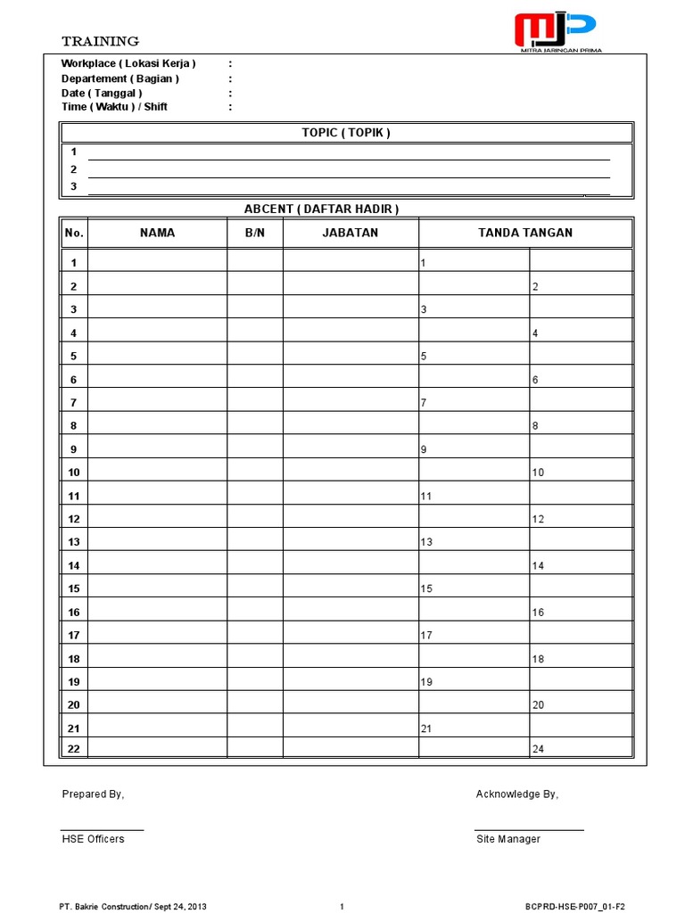 Bakrie Construction Training Attendance Form | PDF