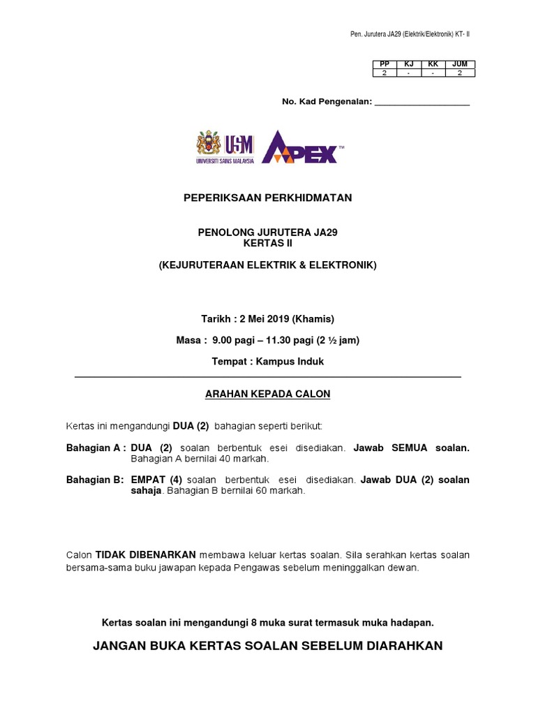 JA29 Penolong Jurutera (Elek-Elektro) - Kertas II | PDF
