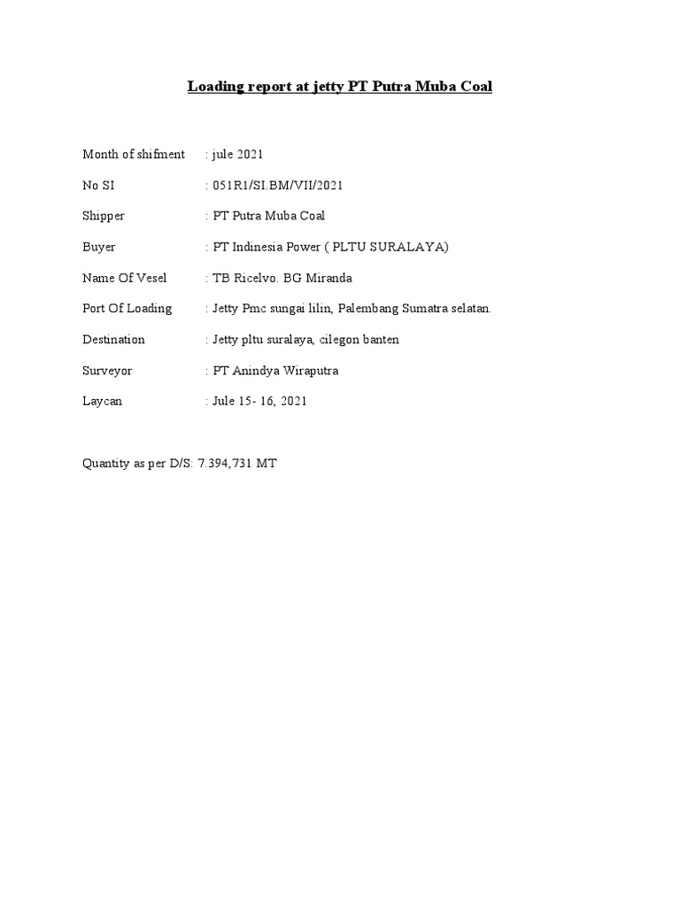 Loading Report at Jetty PT Putra Muba Coal | PDF