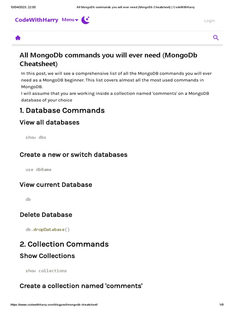 All Mongodb Commands You Will Ever Need Mongodb Cheatsheet Codewithharry Pdf 