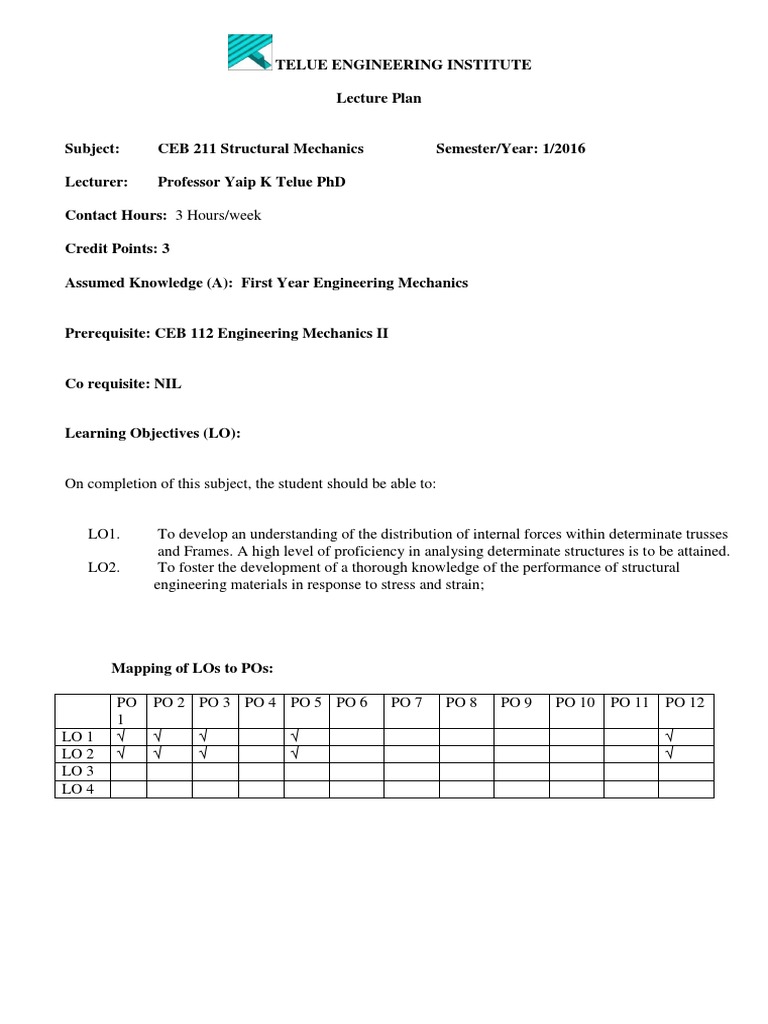 LecturePlan_CEB 211_Eng Mechanics_Feb 2016 | PDF