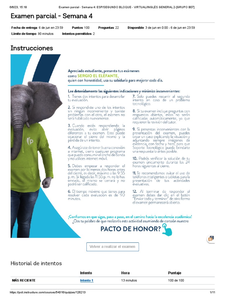 Examen Parcial - Semana 4 - Esp - Segundo Bloque - Virtual - Inglés General 2 - (Grupo b07) | PDF