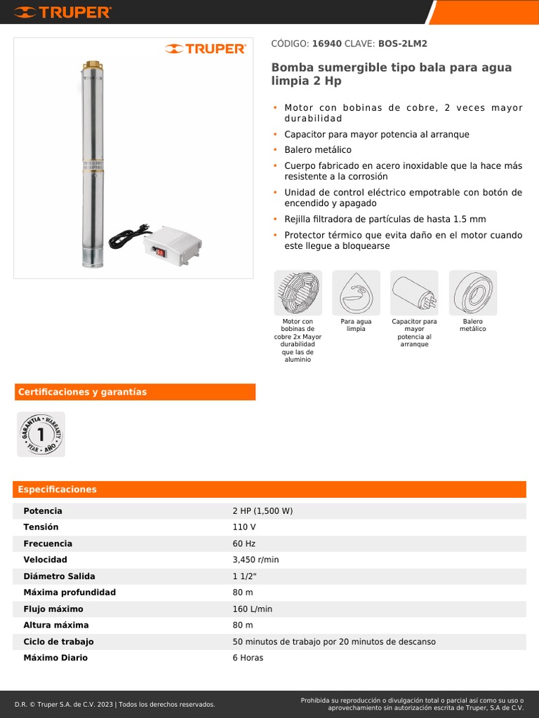 Bomba Sumergible Tipo Bala para Agua Limpia 2 HP: CÓDIGO: 16940 CLAVE: BOS-2LM2 | PDF