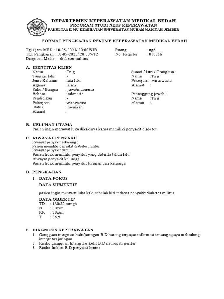 Format Resume Kep. Medikal Bedah TN G | PDF