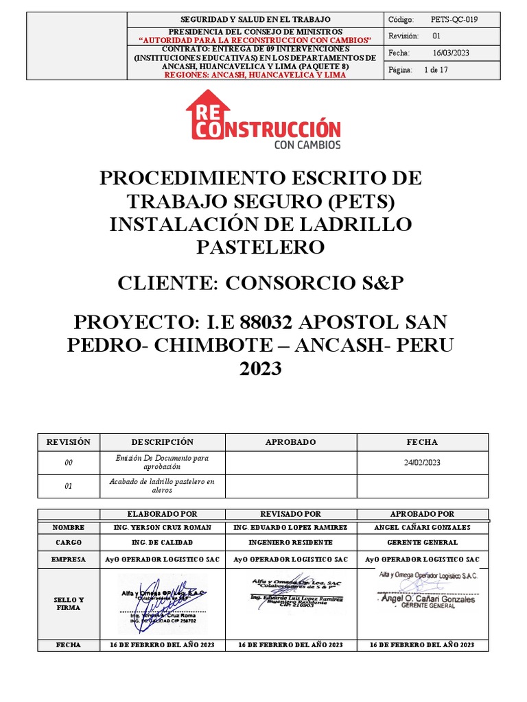 PETS-QC-19 COLOCACIÓN DE LADRILLO PASTELERO | PDF | Hormigón | Primeros ...