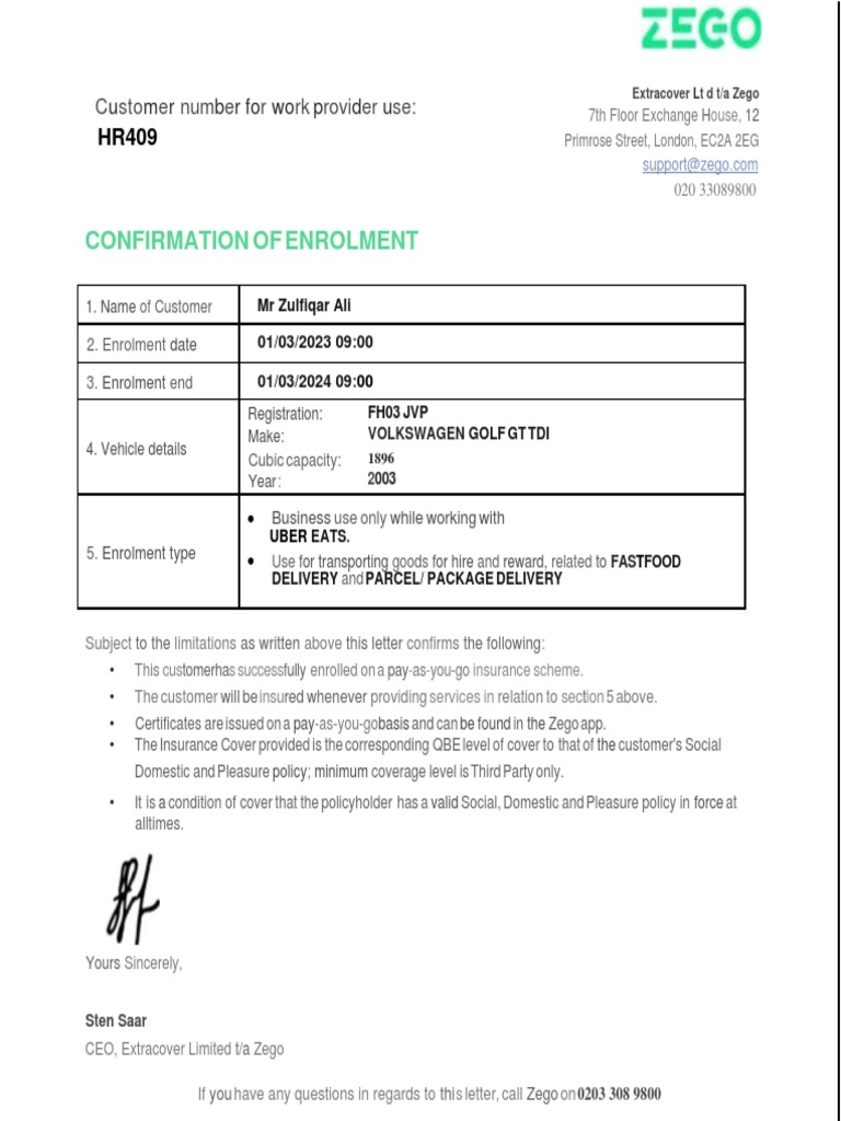 Zego Hire and Reward Insurance Confirmation | PDF