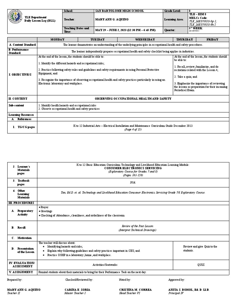 Week 5 Quarter 4 DLL Ces 8 | PDF | Occupational Safety And Health | Safety Week 5 Quarter 4 DLL Ces 8 | PDF | Occupational Safety And Health | Safety
