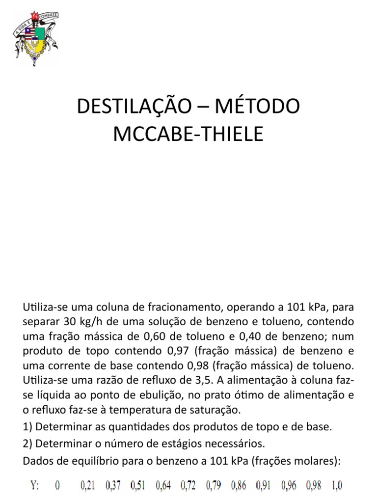 EXERCICIO DESTILACAO METODO McCABE THIELE | PDF | Benzeno | Química Física