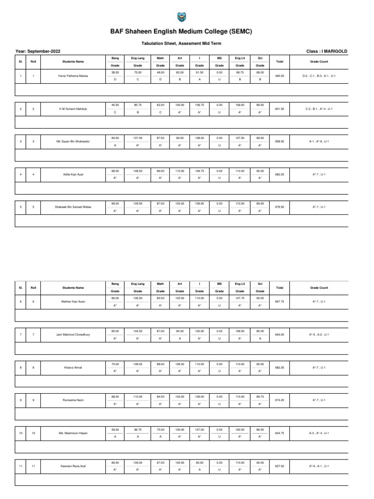 BAF Shaheen English Medium College (SEMC) : Tabulation Sheet, Assesment ...