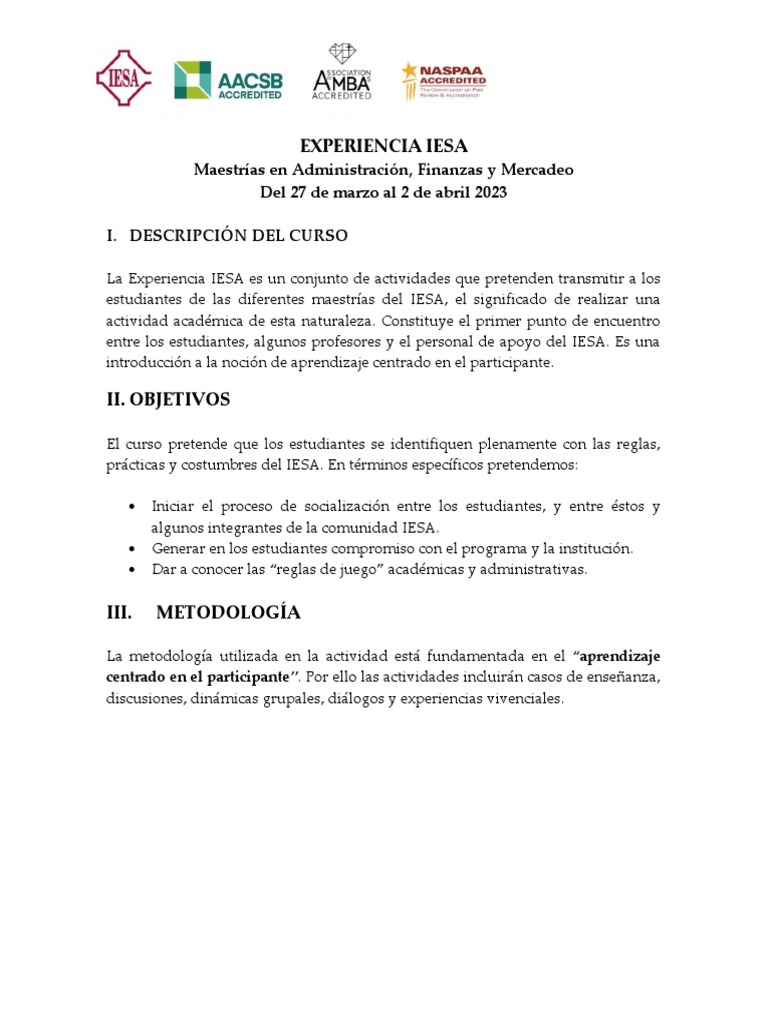 Programa Experiencia IESA marzo-abril 2023 | PDF | Cognición | Modificación de comportamiento