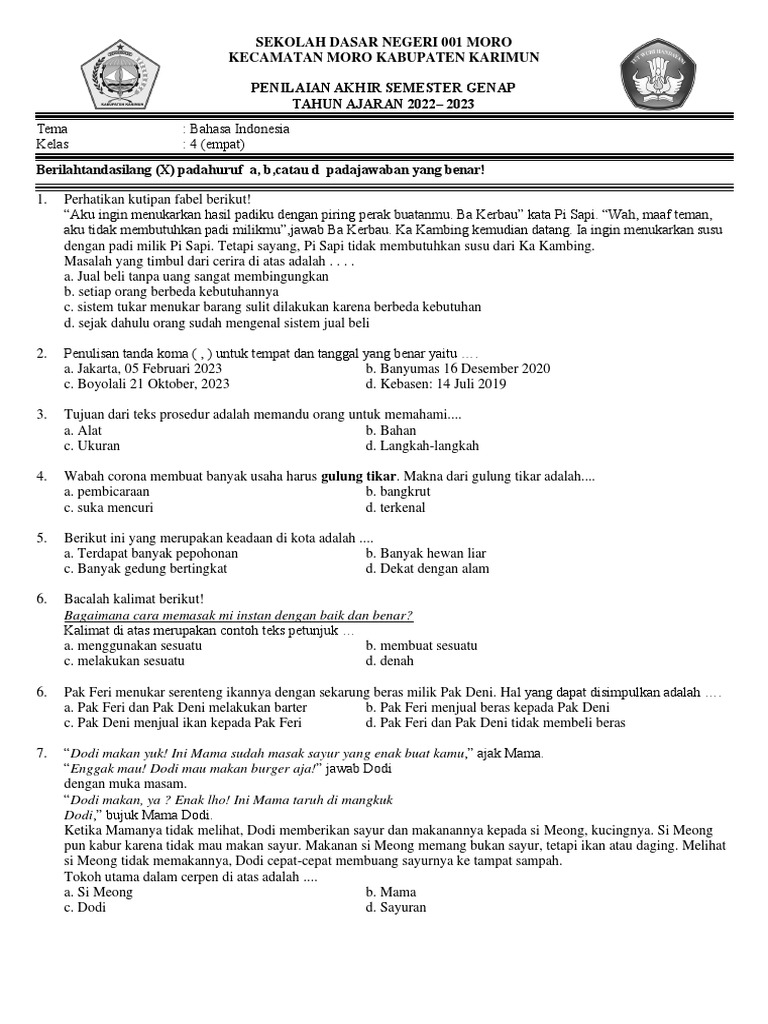 Soal Bahasa Indonesia Semester 2 Kelas 4 | PDF