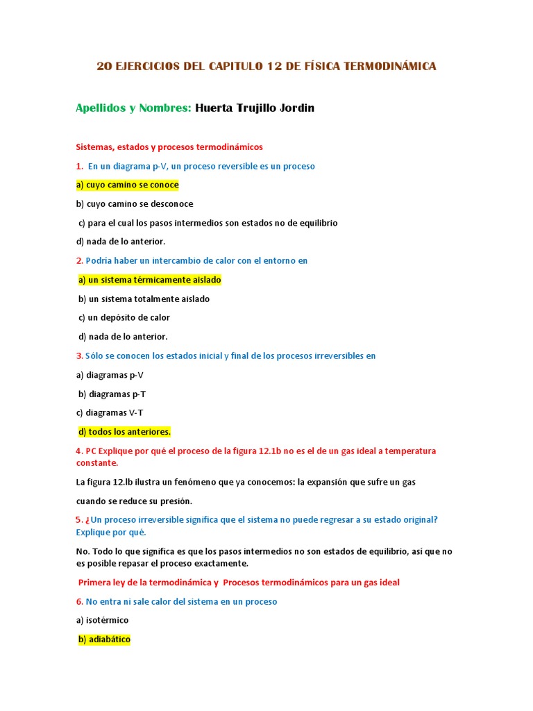 20 Ejercicios Del Capitulo 12 de Física Termodinámica | PDF