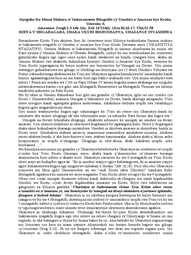 Inyigisho Ku Munsi Mukuru W'isakaramentu A | PDF