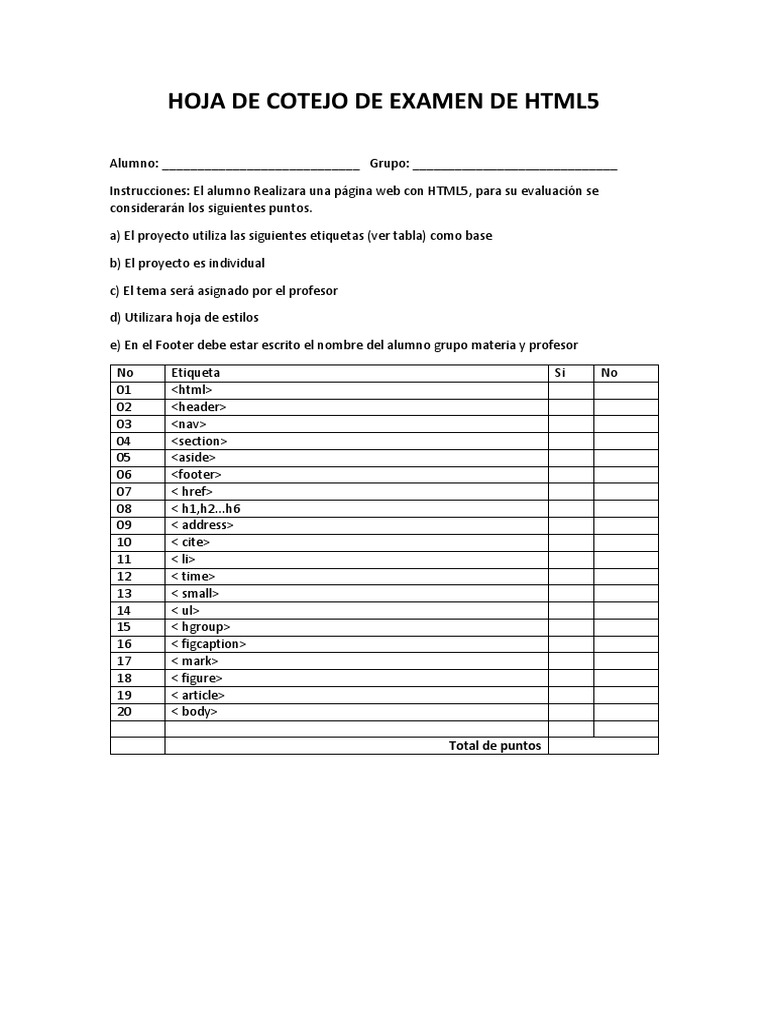 Hoja de Cotejo de Examen de Html5 | PDF