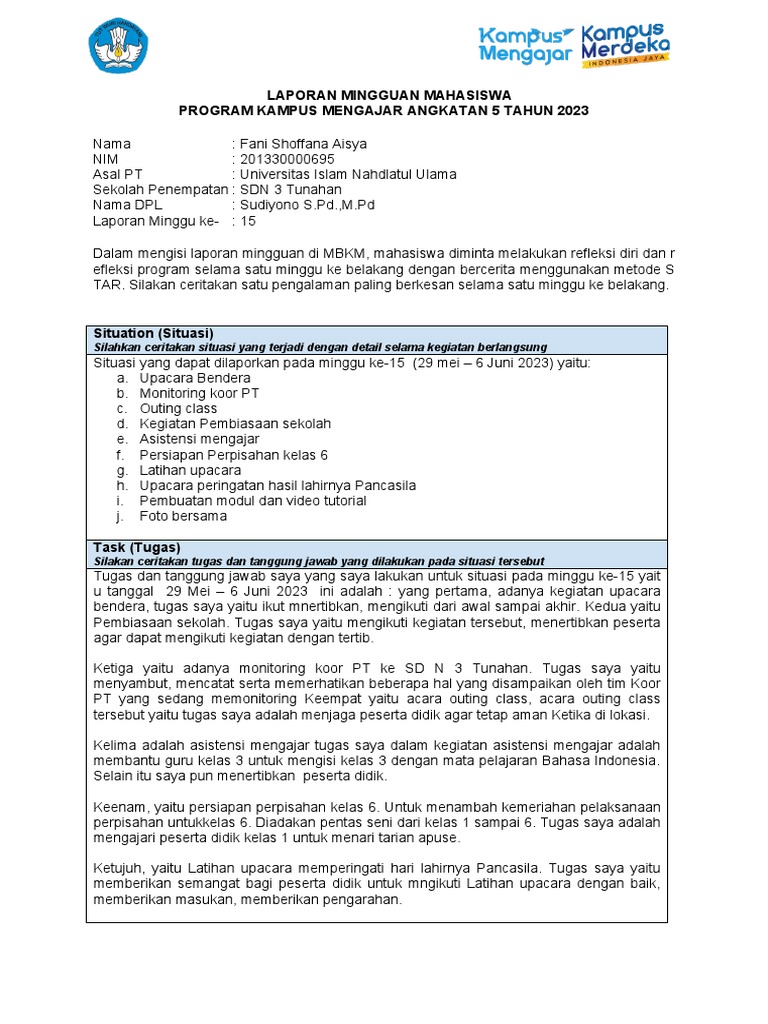 Laporan Mingguan Kampus Mengajar | PDF