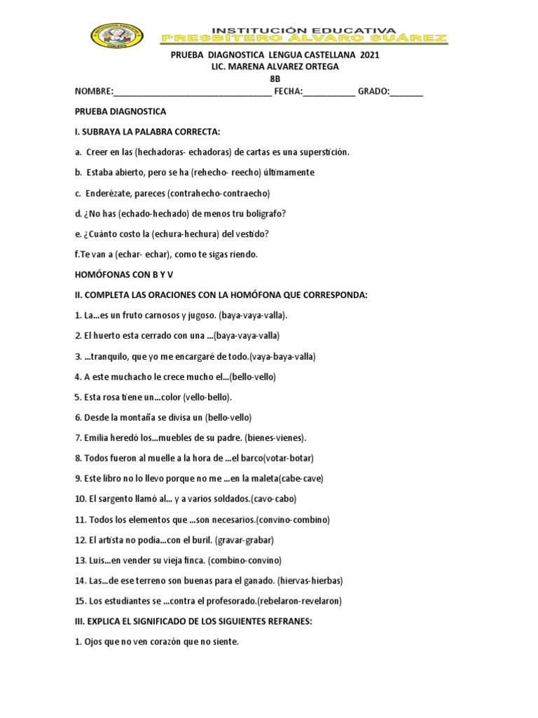 Prueba Diagnóstica de Lengua 2021 | PDF | Estudios de idiomas ...