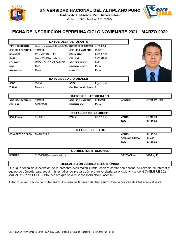 Inscripción CEPREUNA 2021-2022 | PDF | Informática