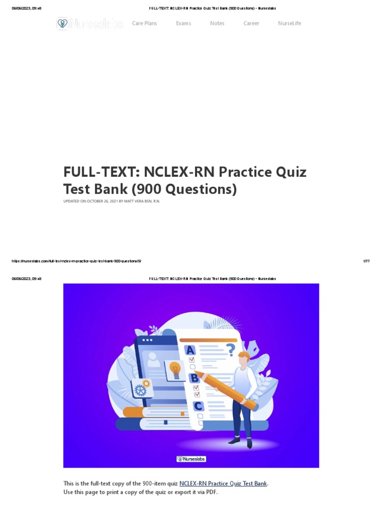 FULL-TEXT - NCLEX-RN Practice Quiz Test Bank 5 - Nurseslabs | PDF ...