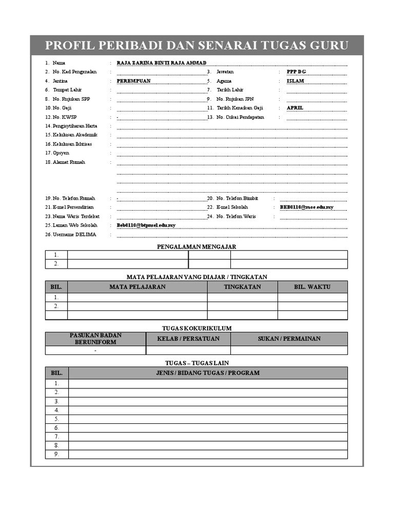 Profil Peribadi Dan Senarai Tugas Guru 2023 Kosong Pdf