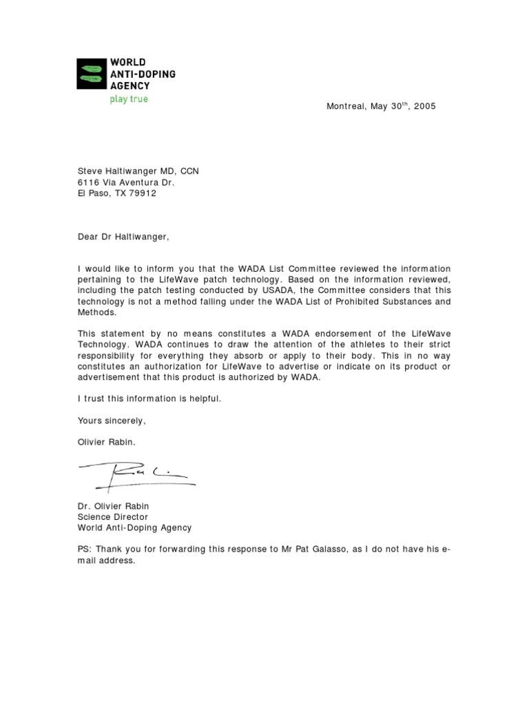 Anti Doping Lettter World Anti Doping Agency | PDF