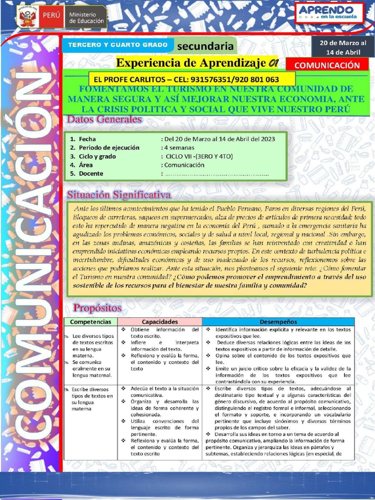 Experiencia De Aprendizaje 01 3ero Y 4to Comunicación 2023