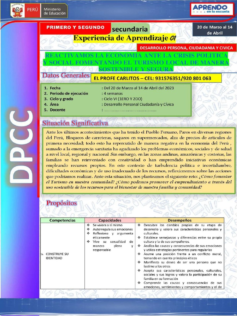 Experiencia de Aprendizaje 01 - 1ero y 2do - Desarrollo Personal Ciudadania y Civica - 2023 ...